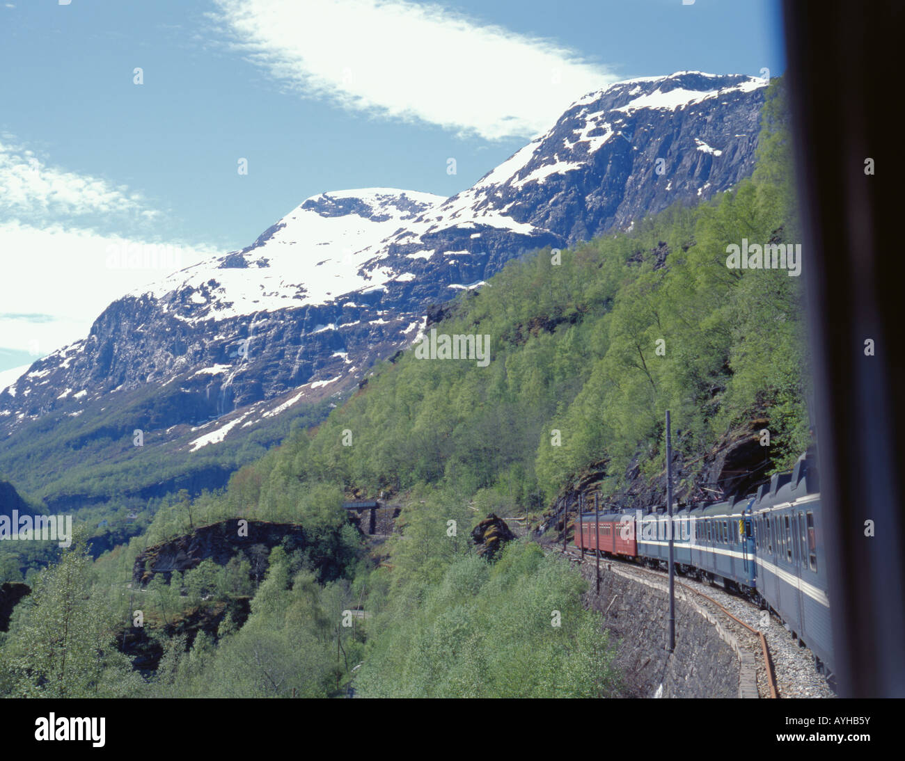 Flåm Railway train in Flåmsdalen en route to Myrdal, Flåm Railway, Sogn ...