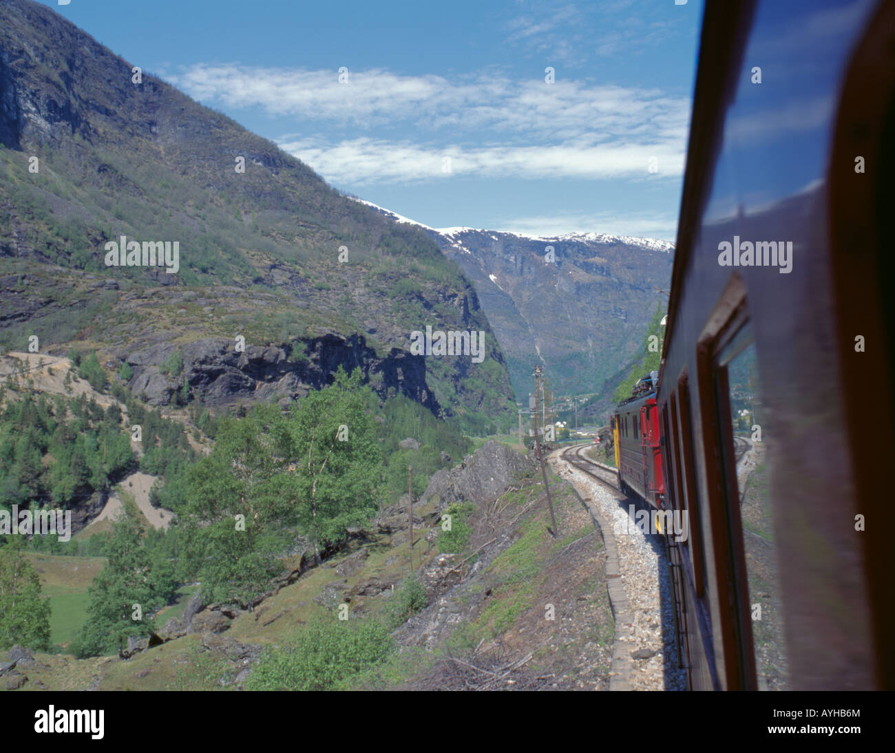 Flåm Railway train snaking up Flåmsdalen en route to Myrdal, Flåm ...