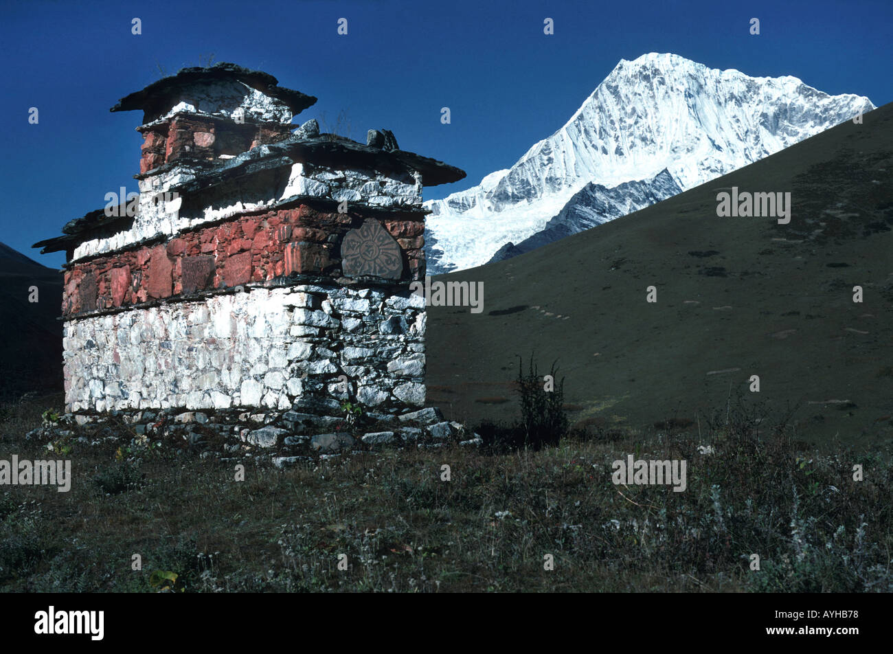 Buddhist shrine with buddhist prayer stones Himalayan mountain kingdom ...