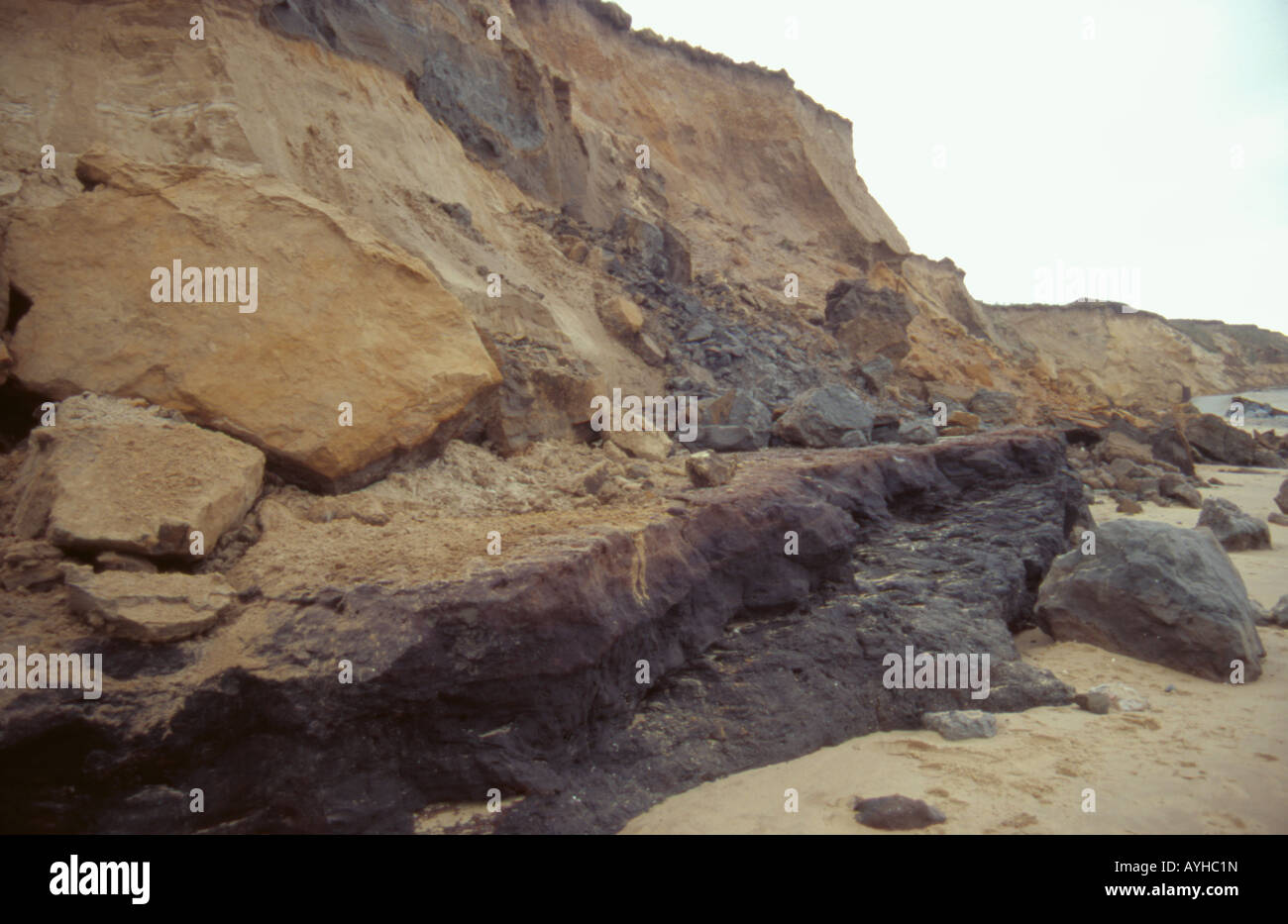 Collapsed area of "Ice Age" glacial deposit cliff after storm surge of ...