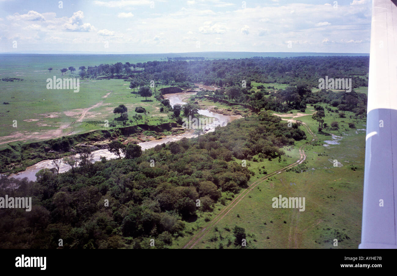 AFRICA KENYA MASAI MARA Aerial view of Masai Mara Reserve with river ...