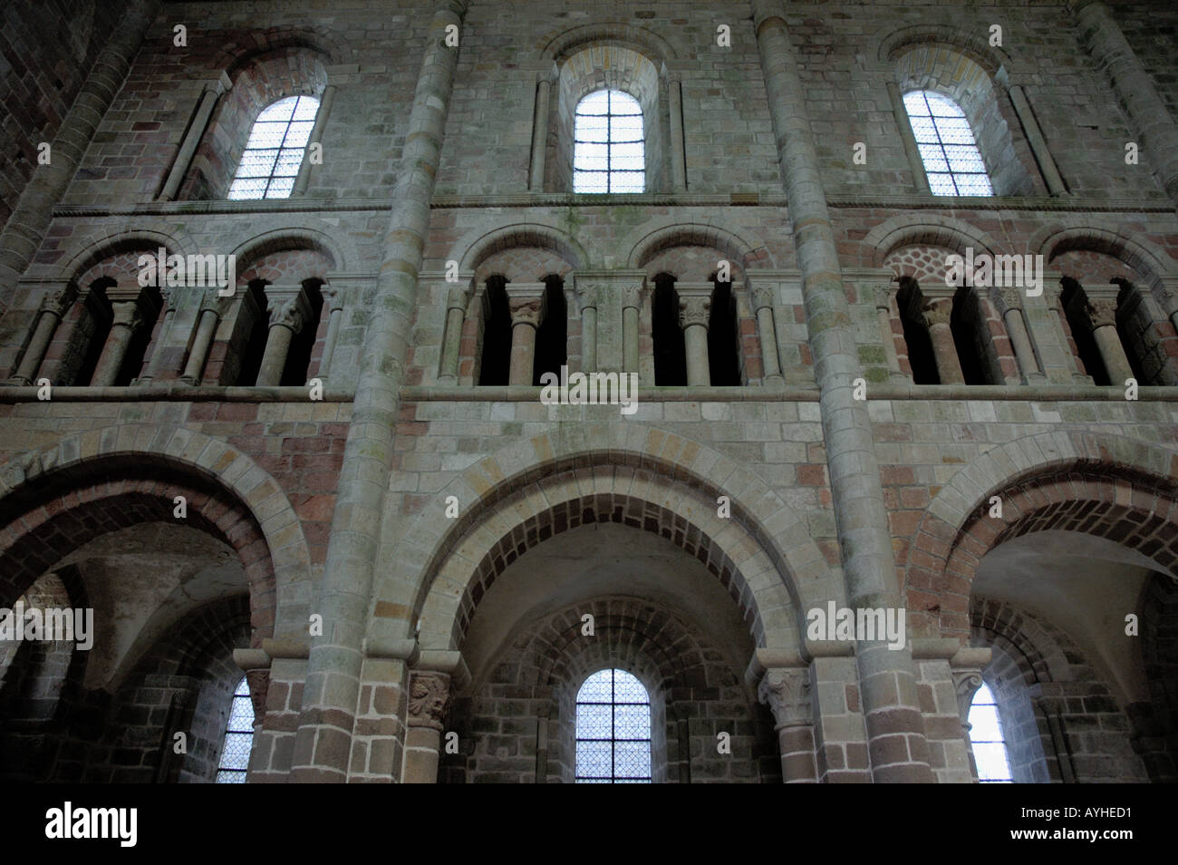 Inside the abbatial church at Mont Saint-Michel, a fortified medieval ...