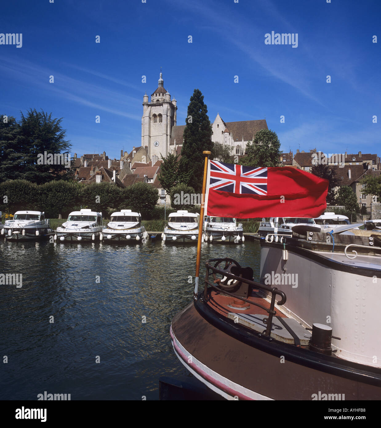 British and French leisure boats at Dole, birthplace of Pasteur, Jura ...
