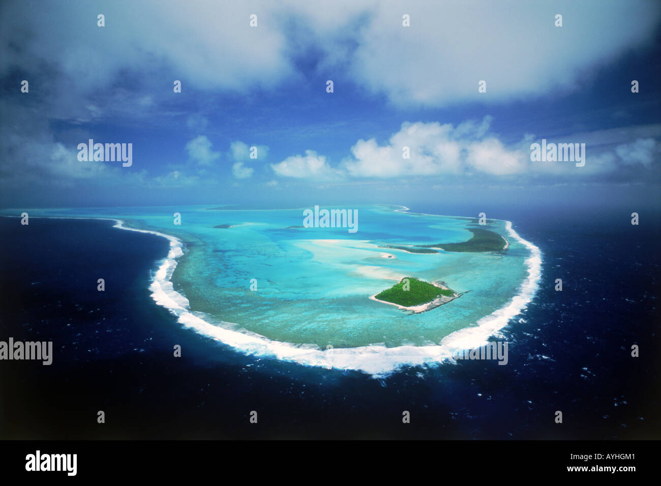 Aerial view of Aitutaki atoll and lagoon in Cook Islands South Pacific ...