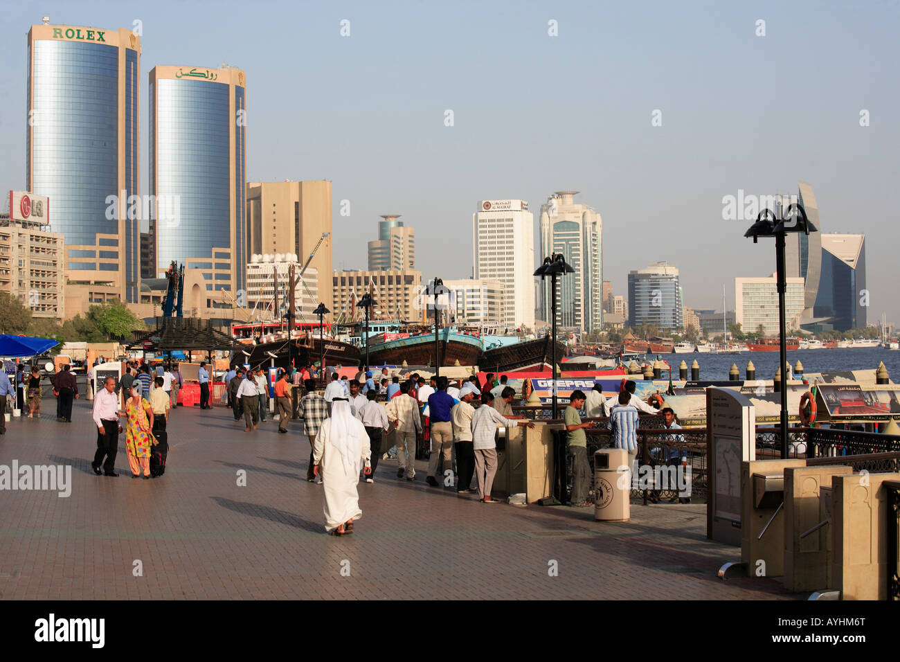United Arab Emirates Dubai Deira skyline Baniyas Road people Stock ...