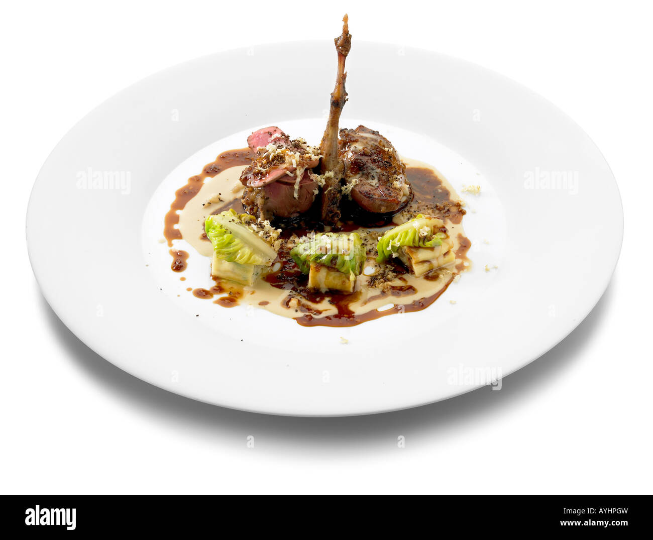 Roast and steamed pigeon with confit leg white onion puree and braised ...