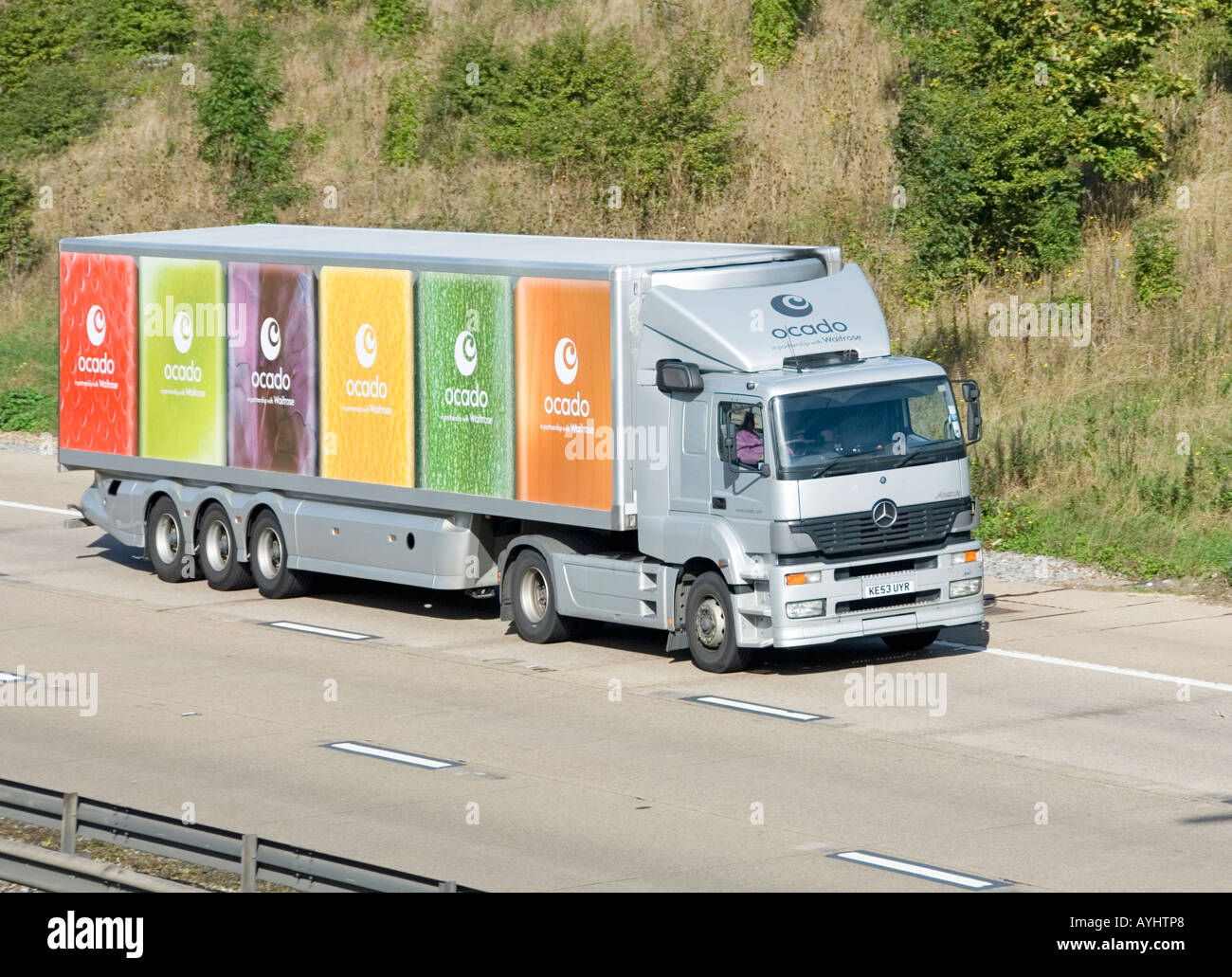 Ocado grocery delivery trailer and Mercedes Benz lorry Stock Photo - Alamy