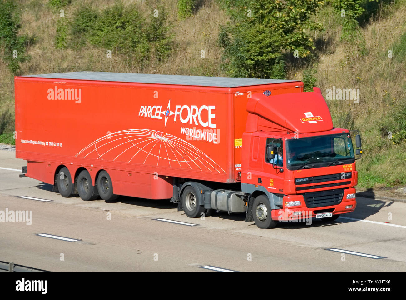DAF red Parcel Force side & front view hgv lorry truck & driver towing ...