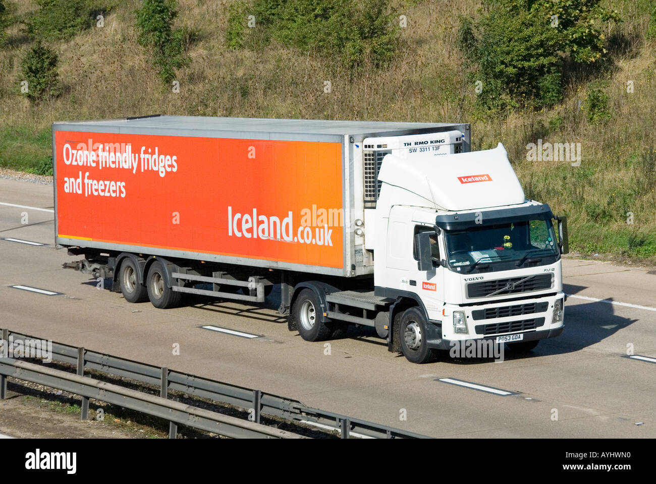 M25 motorway Iceland supermarket delivery trailer behind a Volvo lorry ...