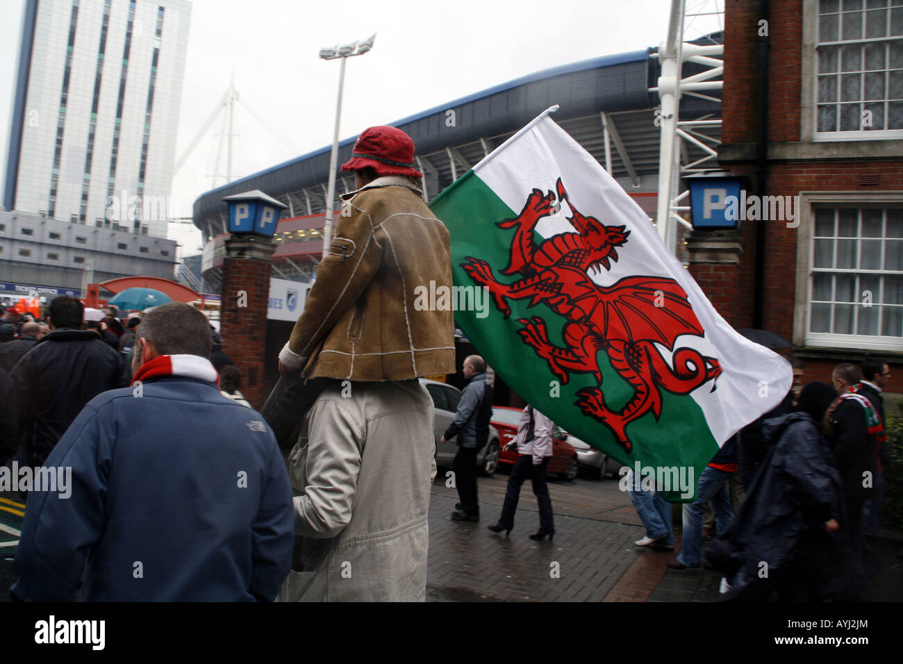 Welsh dragon carried proudly outside the Millenium Stadium in the build ...