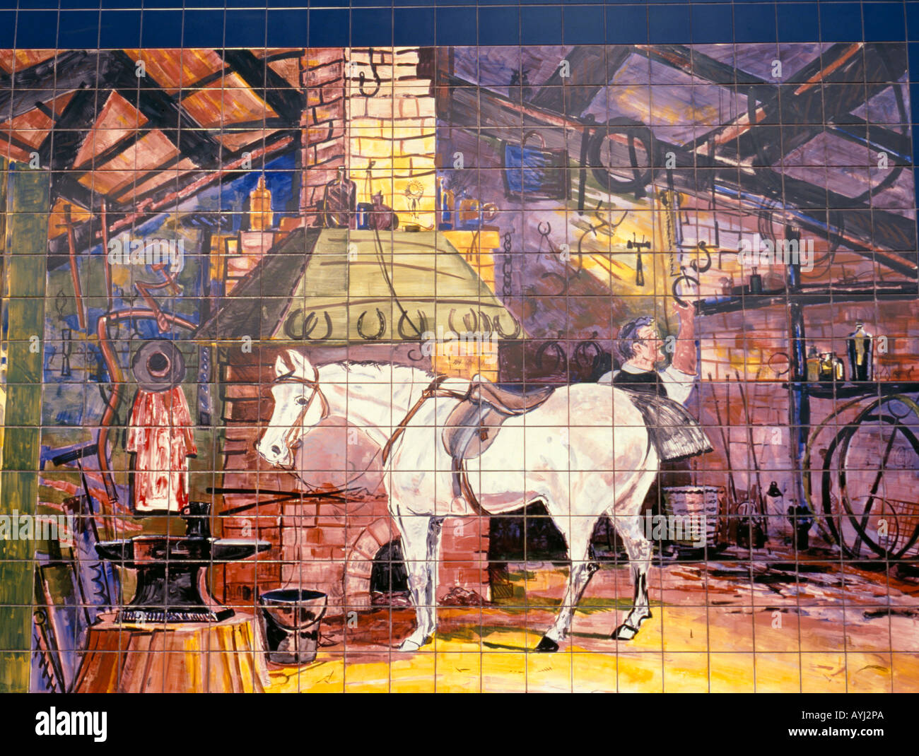Painted tile mural of a Blacksmith's shop, Holme Wood Estate, Bradford ...