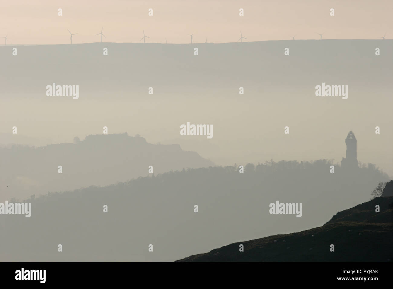 The Wallace Monument, Stirling Castle and Fintry Wind Farm in the Touch ...
