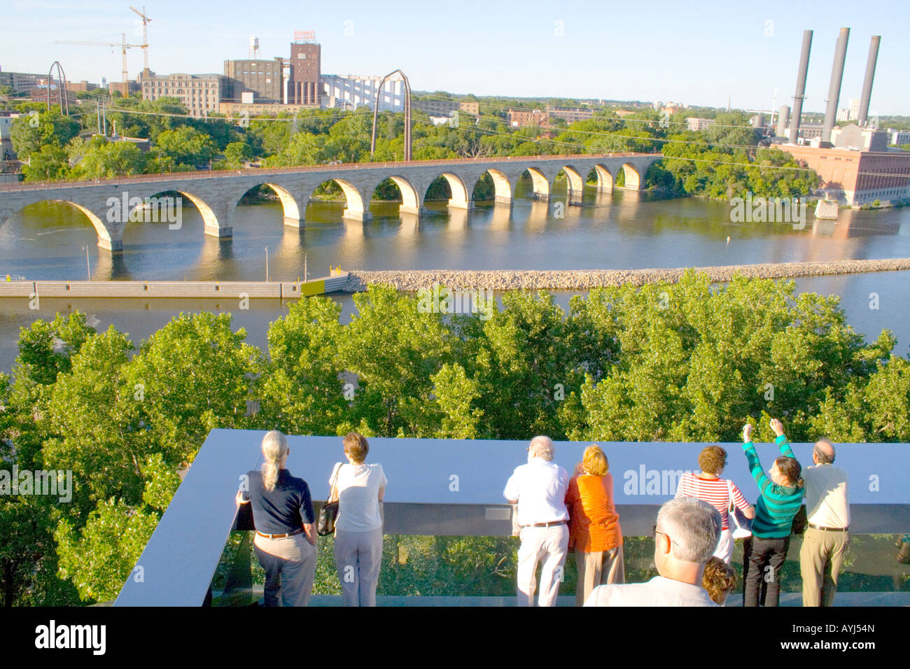 Minneapolis Minnesota USA Stone Arch Bridge and Mississippi River view ...