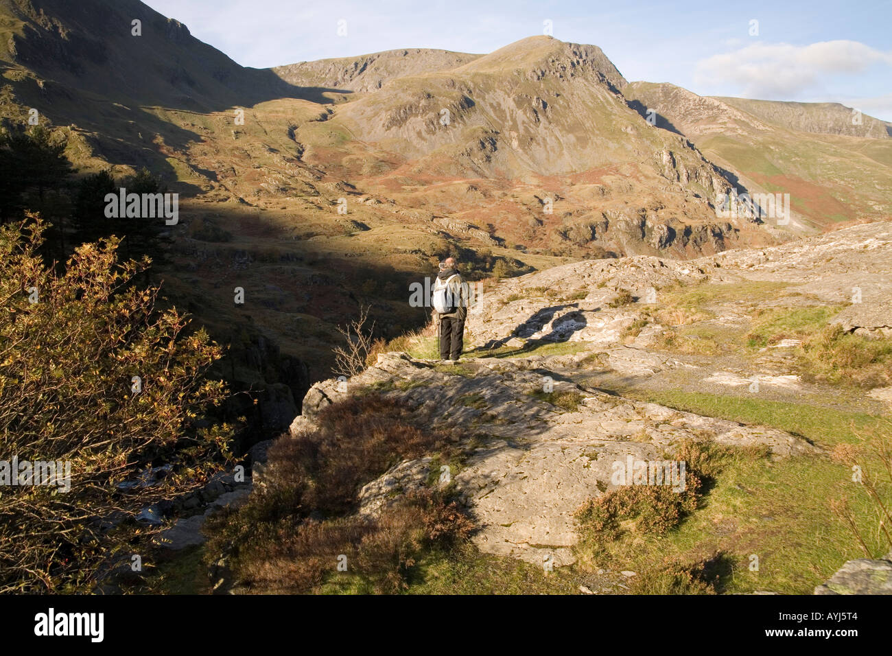 OGWEN GWYNEDD NORTH WALES UK November Two men looking across to Y Garn ...