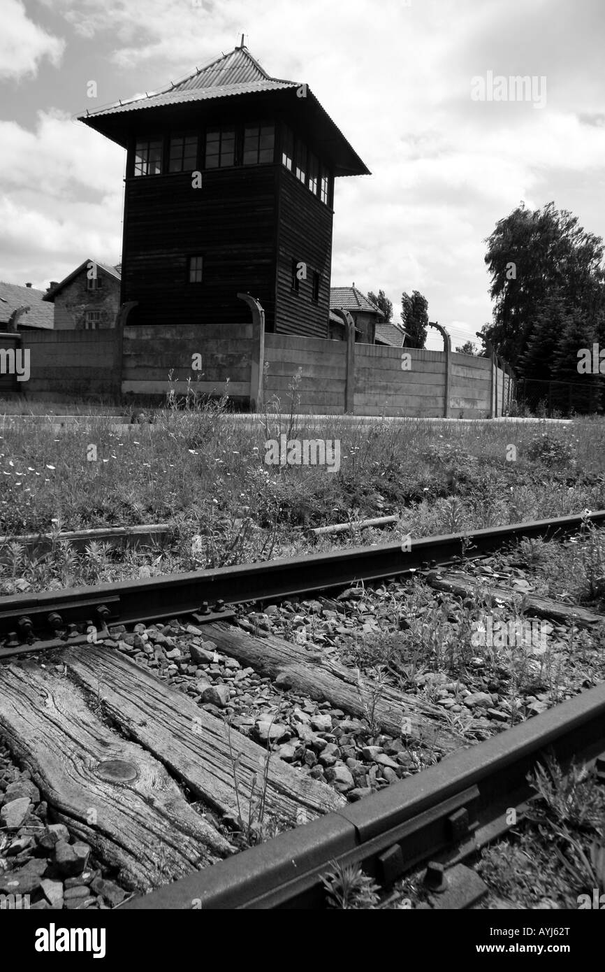 Corner guard tower and railway line viewed from outside the former Nazi ...