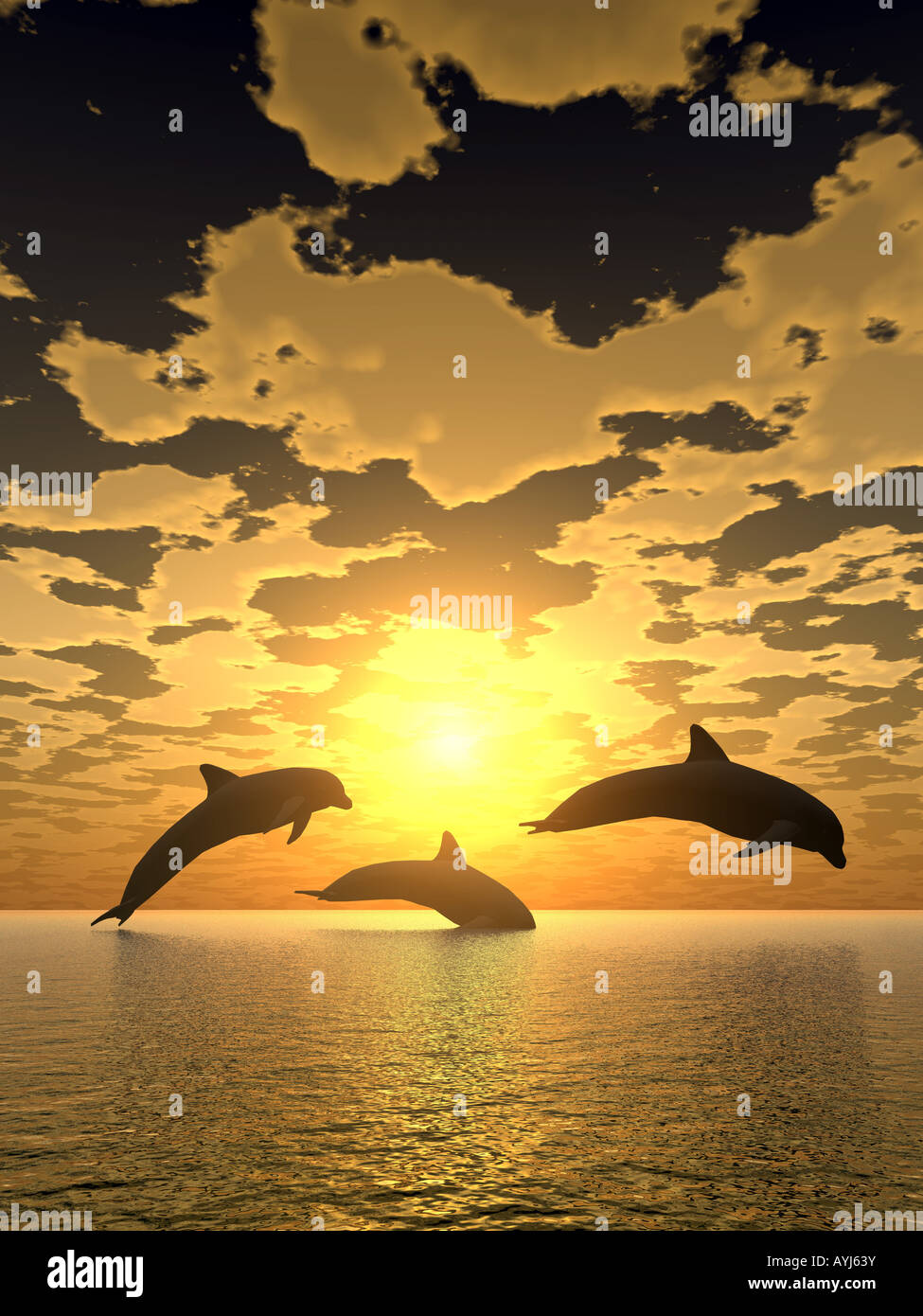 Three dolphins floating at ocean control light Stock Photo - Alamy