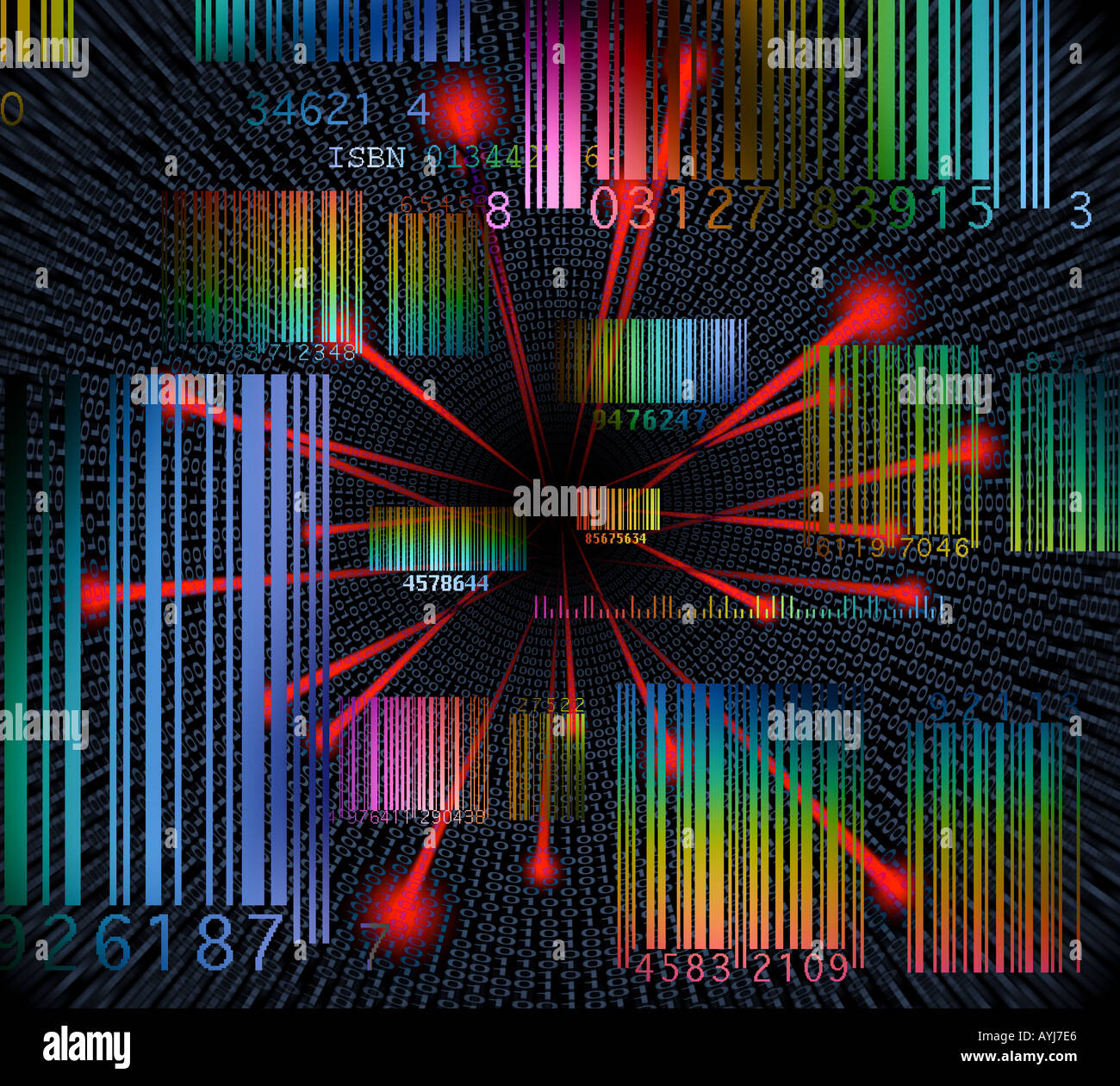 Sharp red lasers hitting rainbow colored barcodes Stock Photo - Alamy