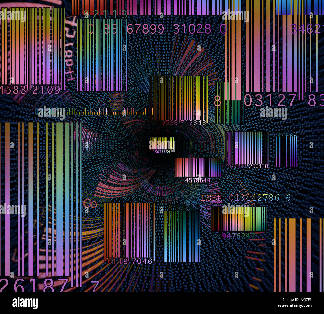 Festive barcodes floating in front of swirling wharped barcode like ...