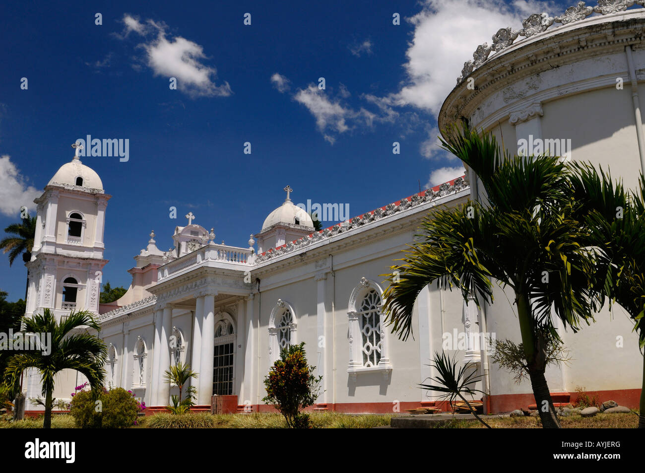 White Catholic church of Naranjo parish in Costa Rica on a sunny blue ...