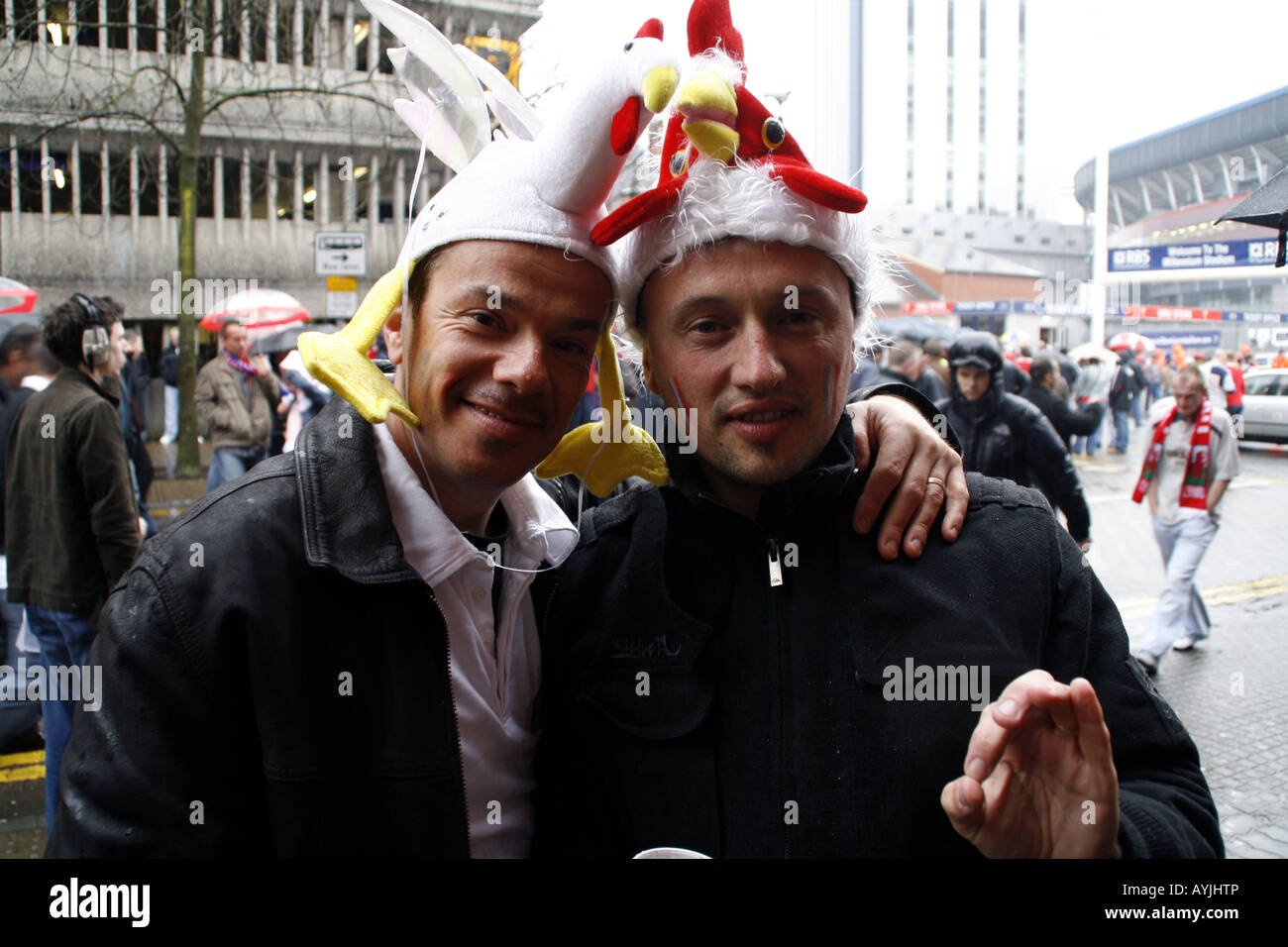 Two French rugby fans in the streets of Cardiff during the warm up to ...