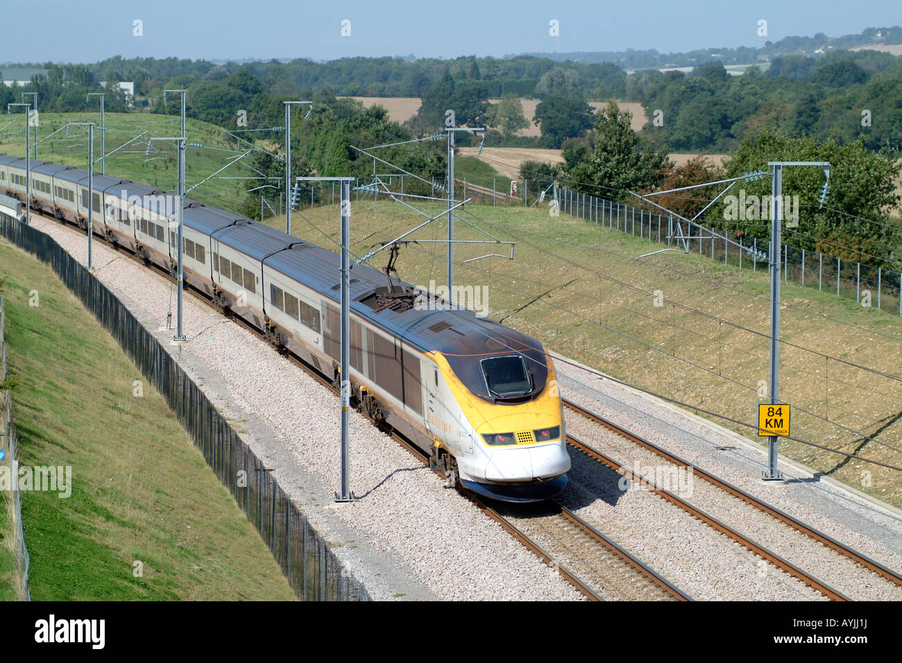 Eurostar train on Englands high speed railway line to the Channel ...