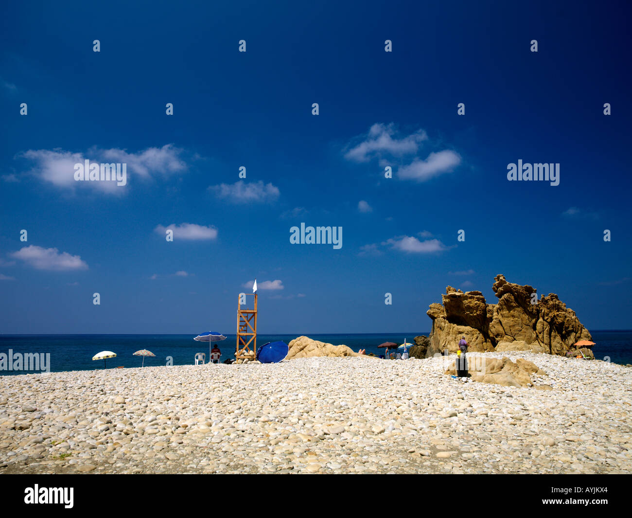 Beach Castel di Tusa Sicily Italy Lifeguard White Flag and Umbrellas ...