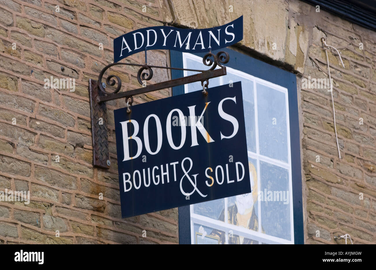 Addymans book shop sign with false painted window Hay on Wye Powys ...