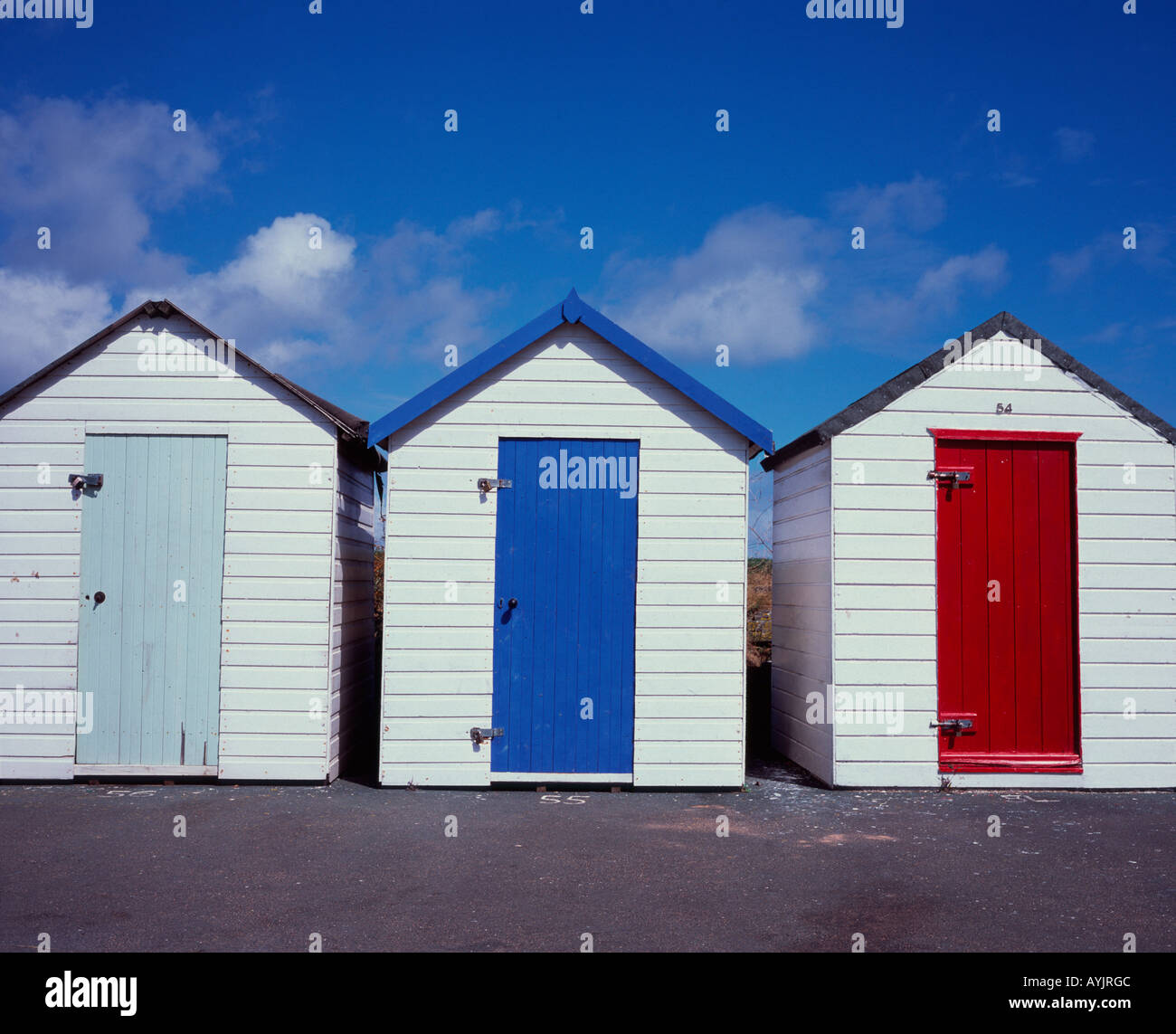 Three beach huts at Broadsands Beach, near Brixham Devon, UK Stock ...