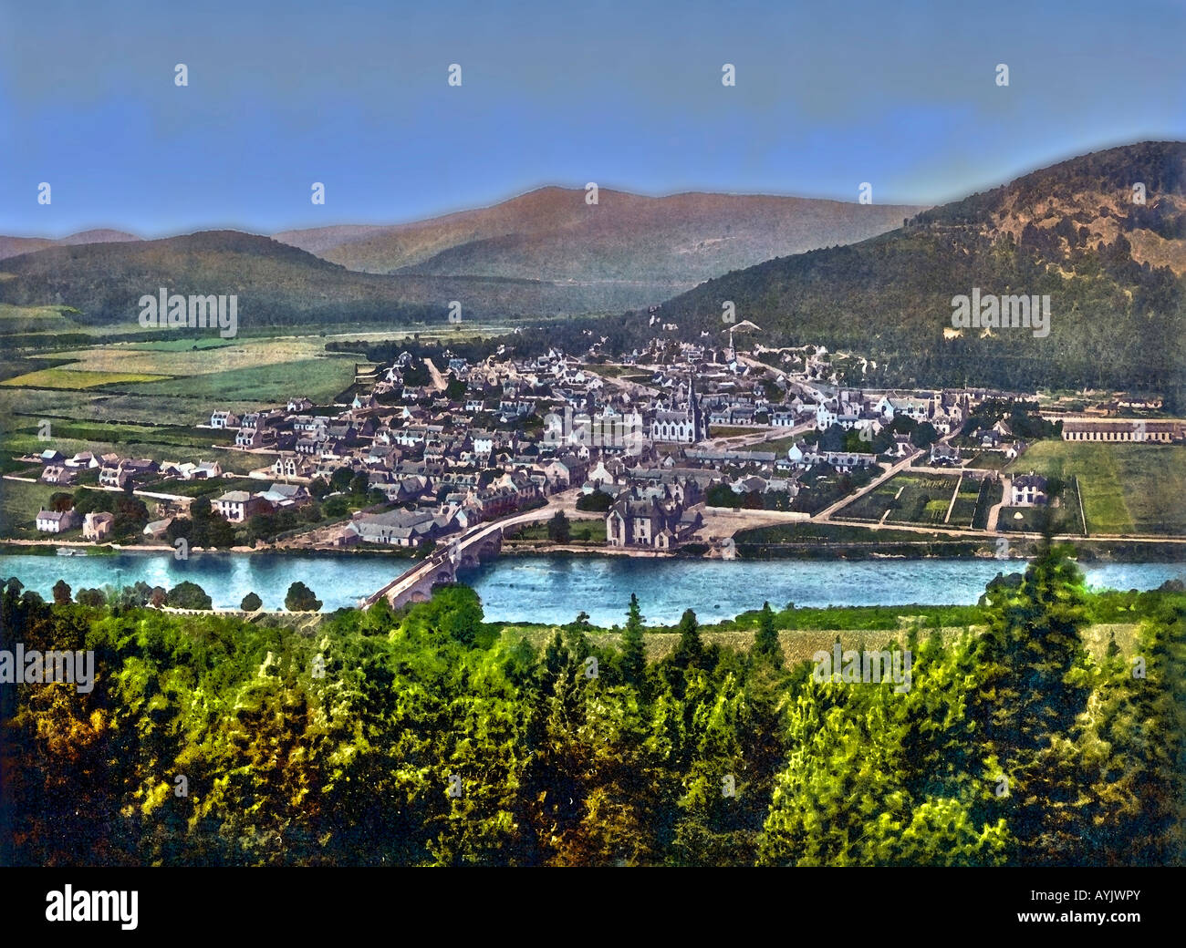 An aerial view image of Ballater, Royal Deeside, Scotland UK, Art 1890 ...