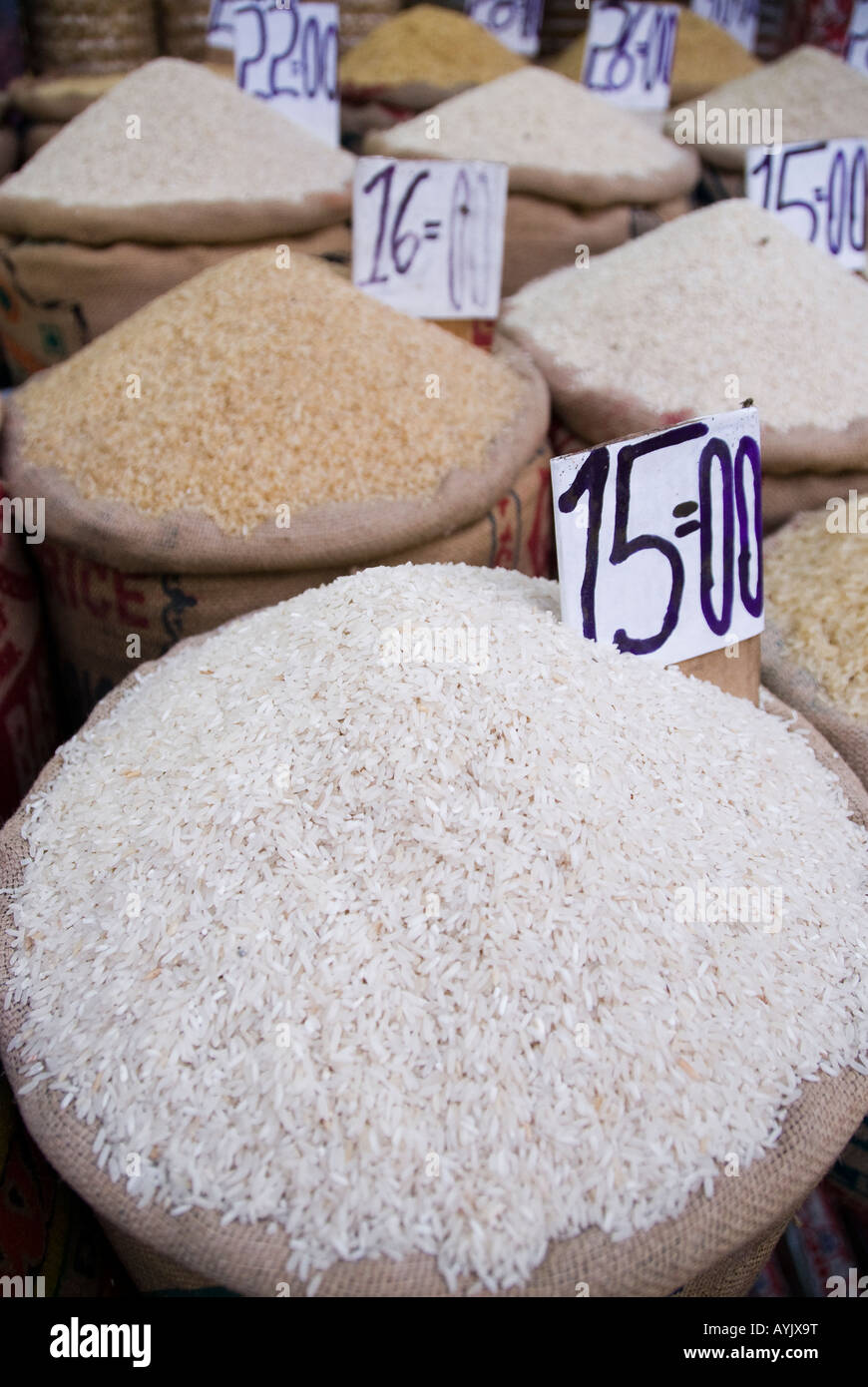 Different qualities and types of rice for sale in a market in India ...