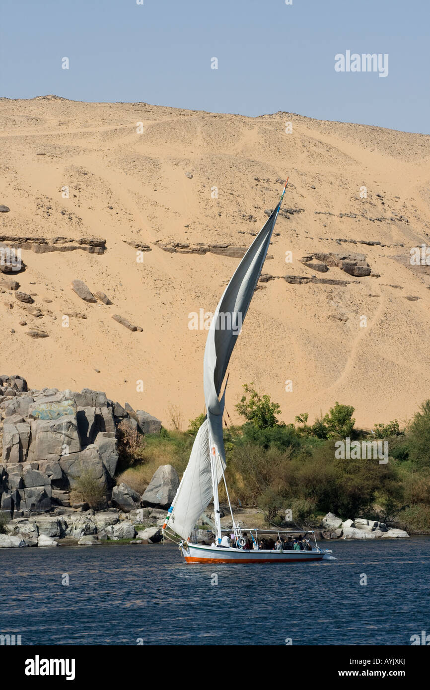 Felucca on the Nile with the Western Desert on the edge of Aswan or ...