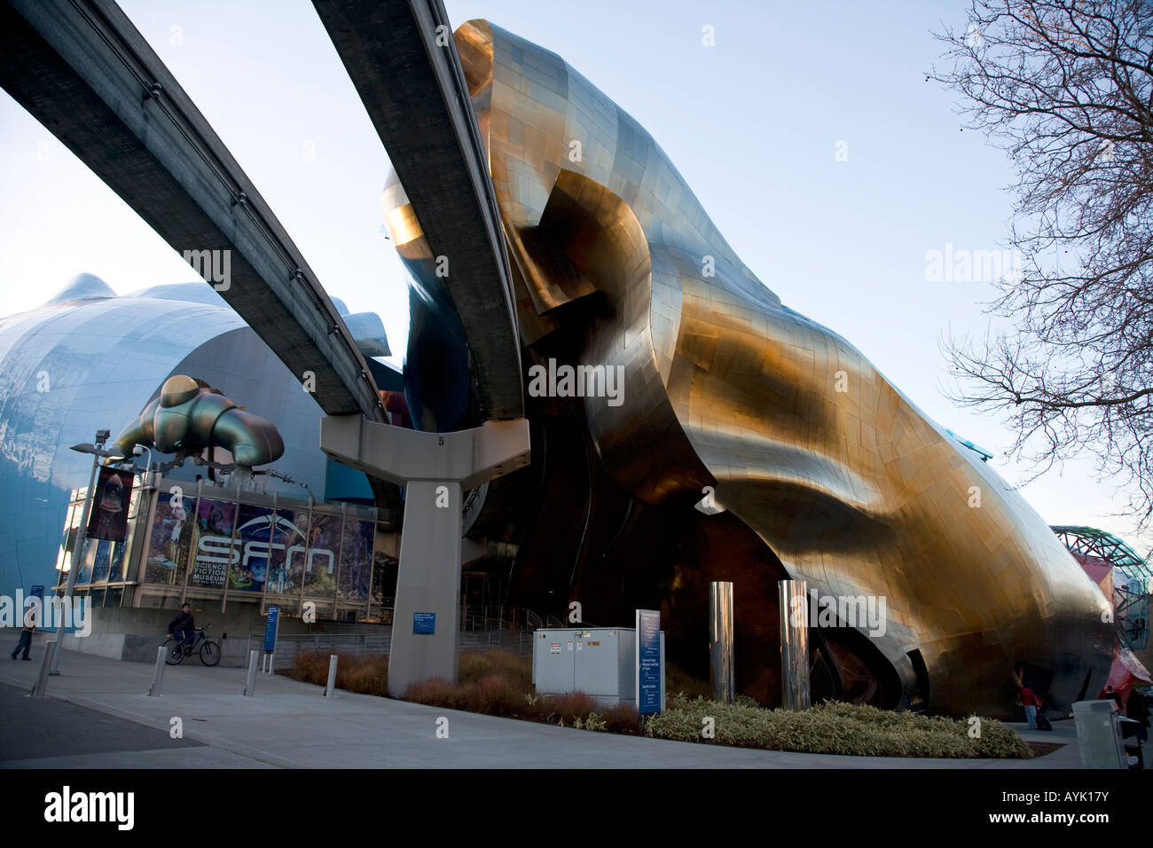 Entrance to the Science Fiction Museum with monorail bridge at Seattle ...