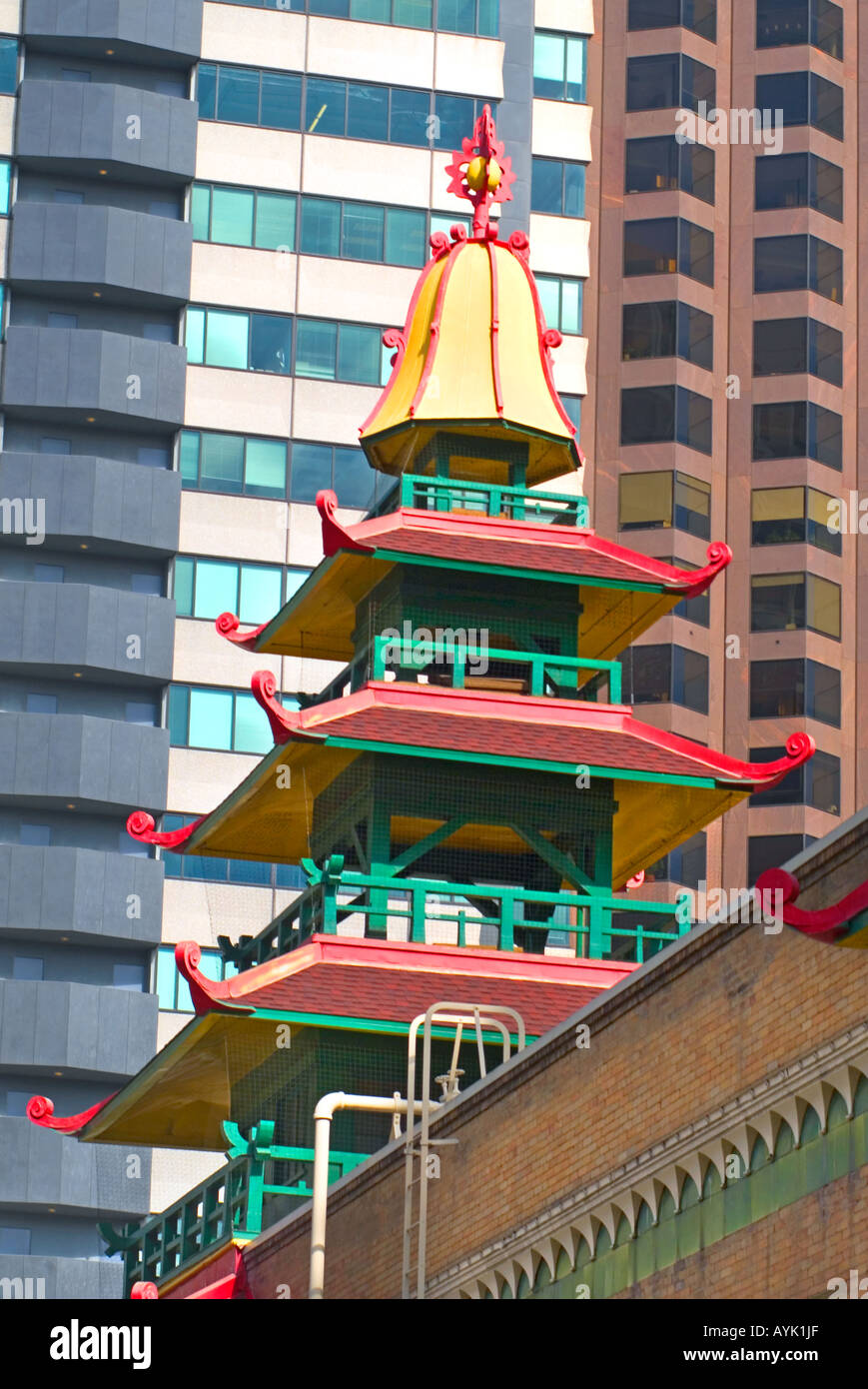 Chinese pagoda in juxtaposition against modern skyscraper buildings in ...
