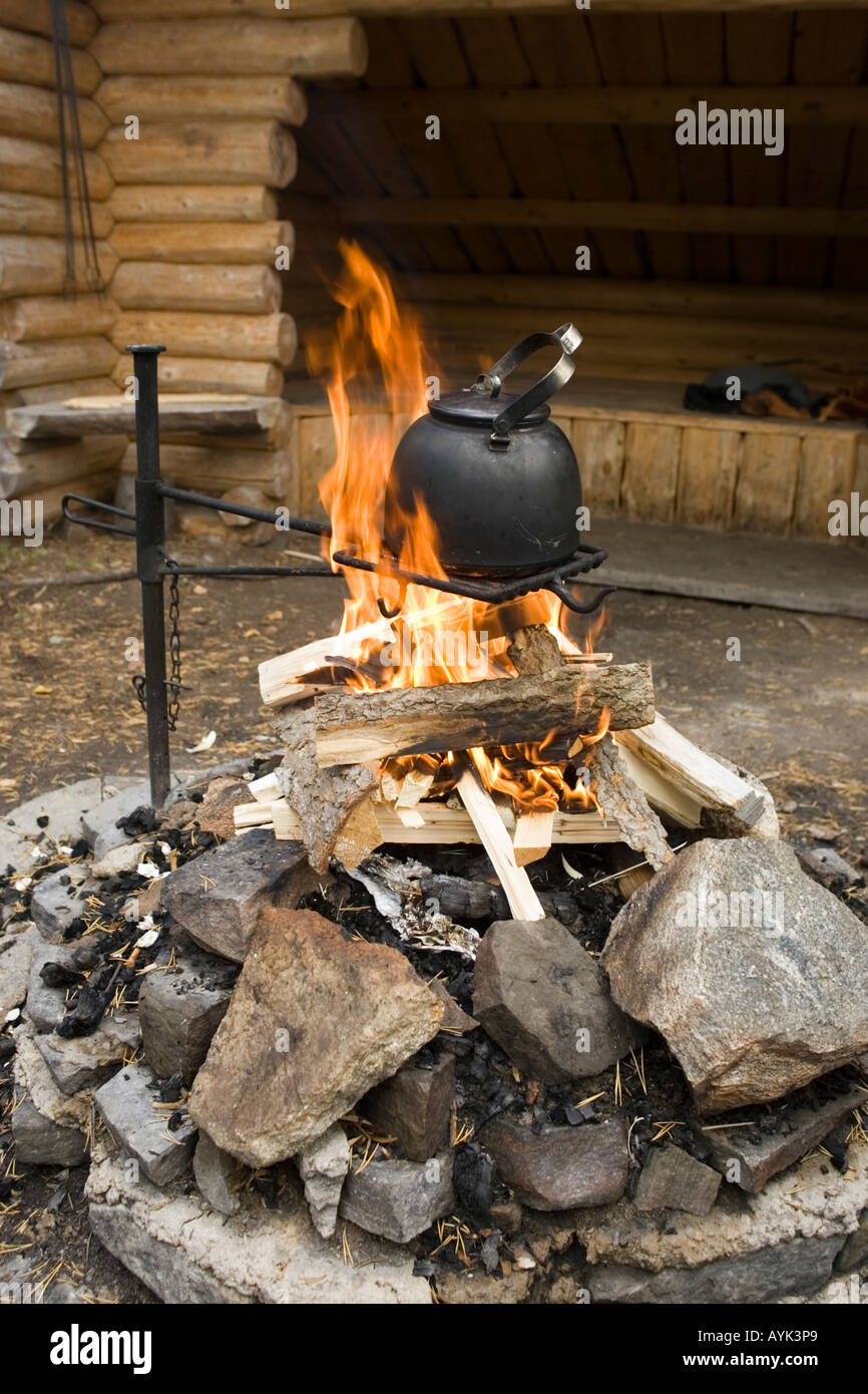 Campfire with kettle in hiking area Arctic Circle Hiking Area near ...