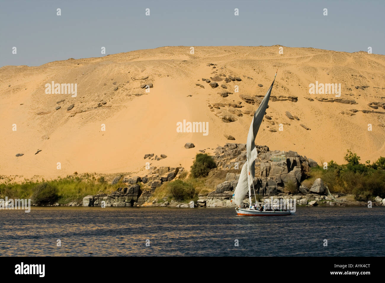 Felucca on the Nile with the Western Desert on the edge of Aswan or ...