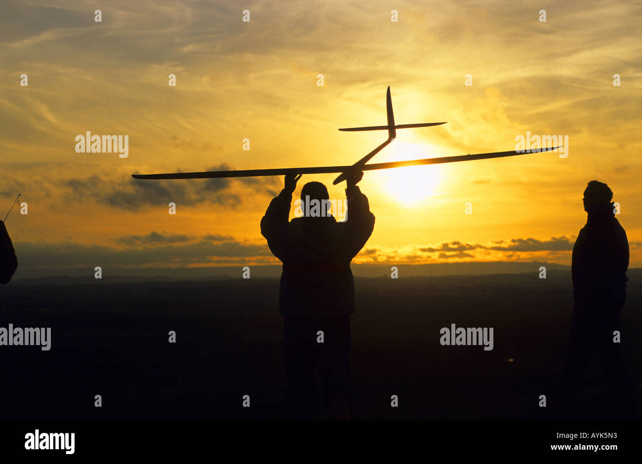 Men flying radio controlled model glider, Burton Dassett Hills ...