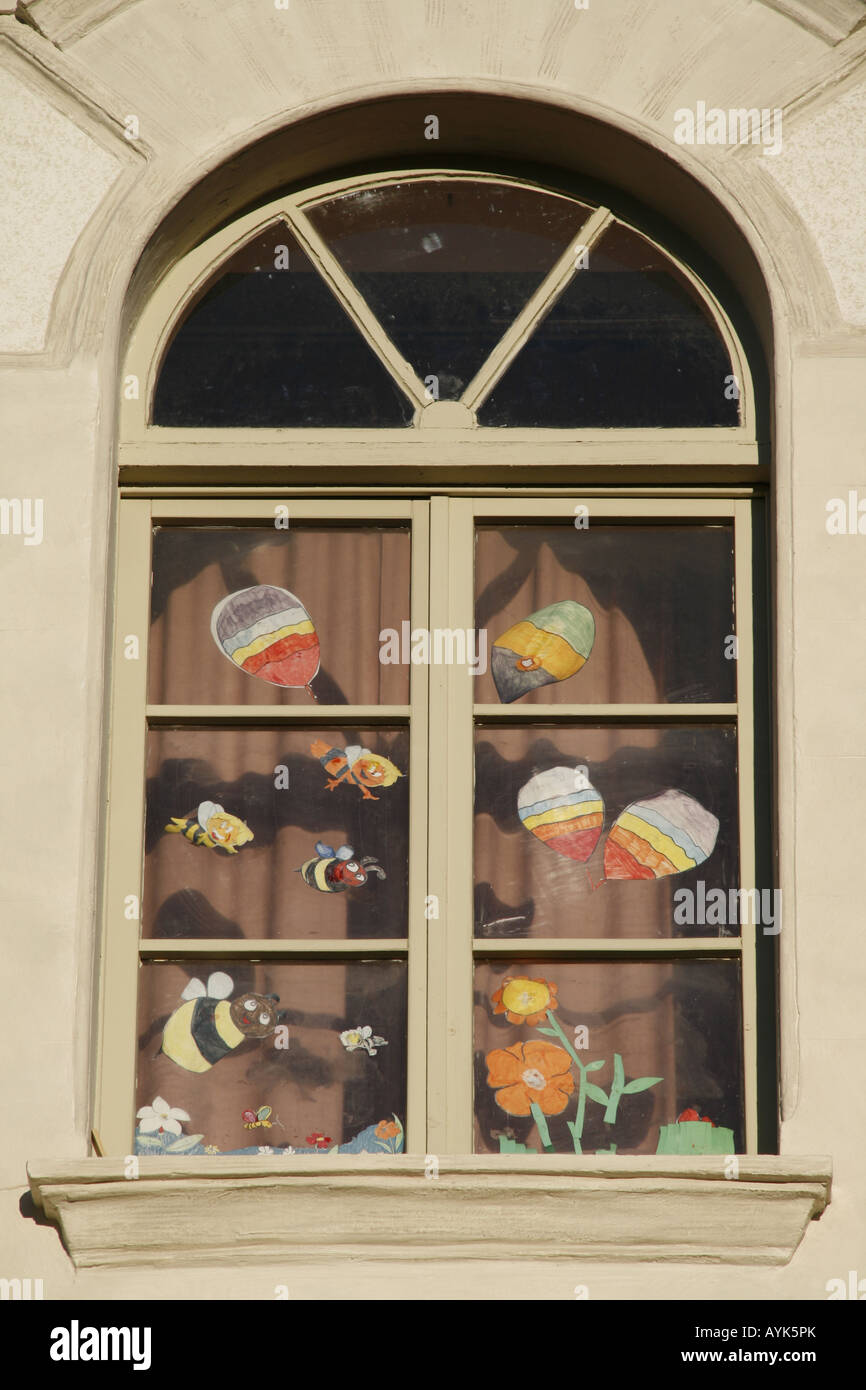children's work on school window Stock Photo - Alamy