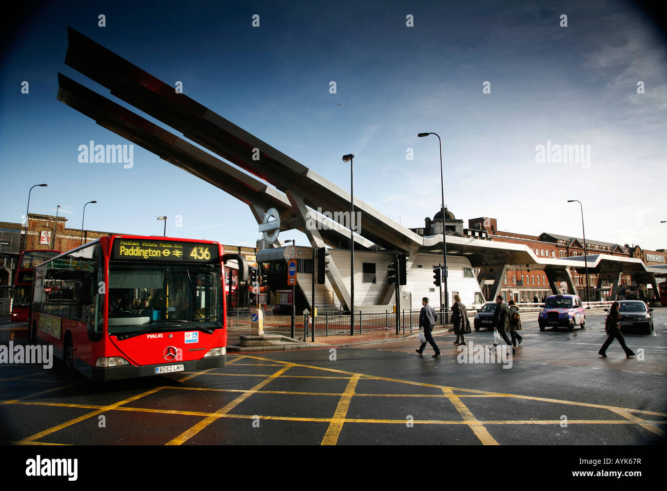 Bus driving out of the Vauxhall Cross Transport Interchange at Vauxhall ...