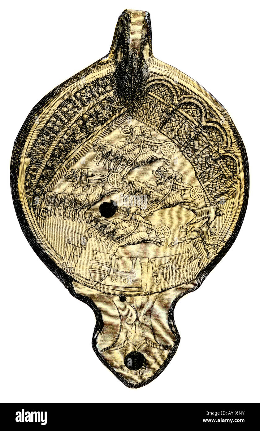 Ancient Roman lamp with a scene of a chariot race in the Circus Maximus ...