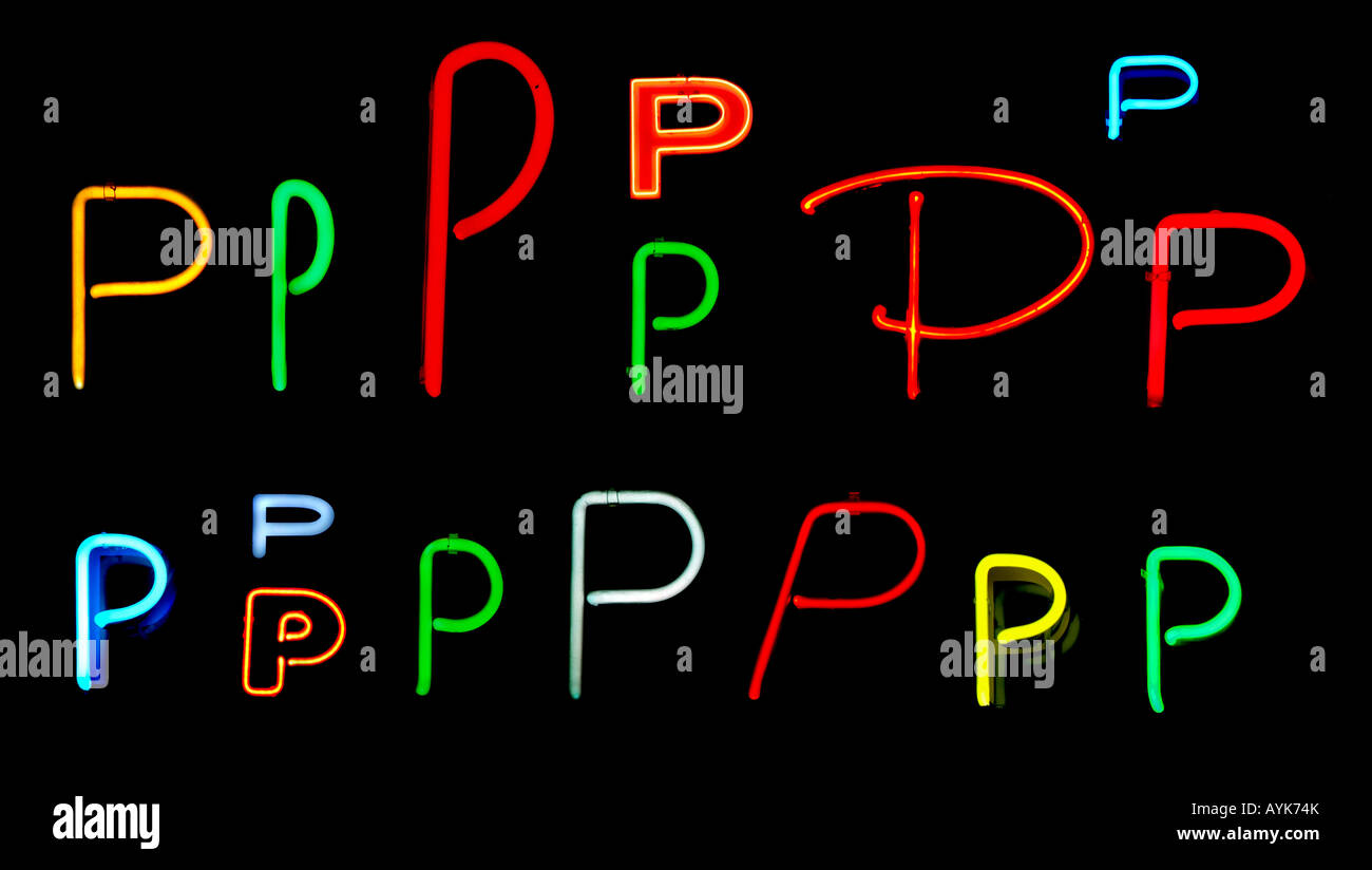 Neon letters P collected from neon signs for design elements Stock ...