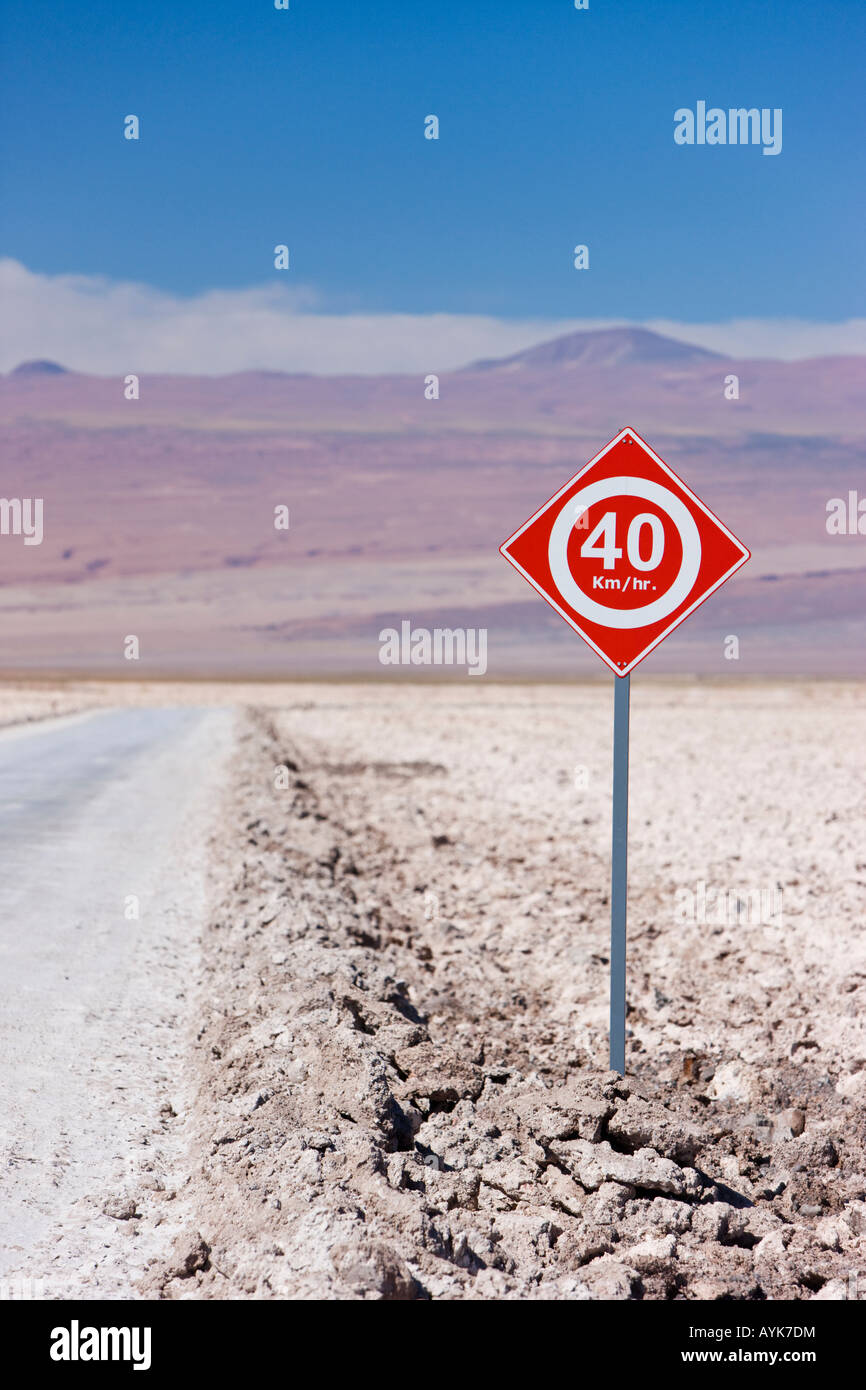 Road sign on high altitude desert road in the Atacama desert in Chile ...