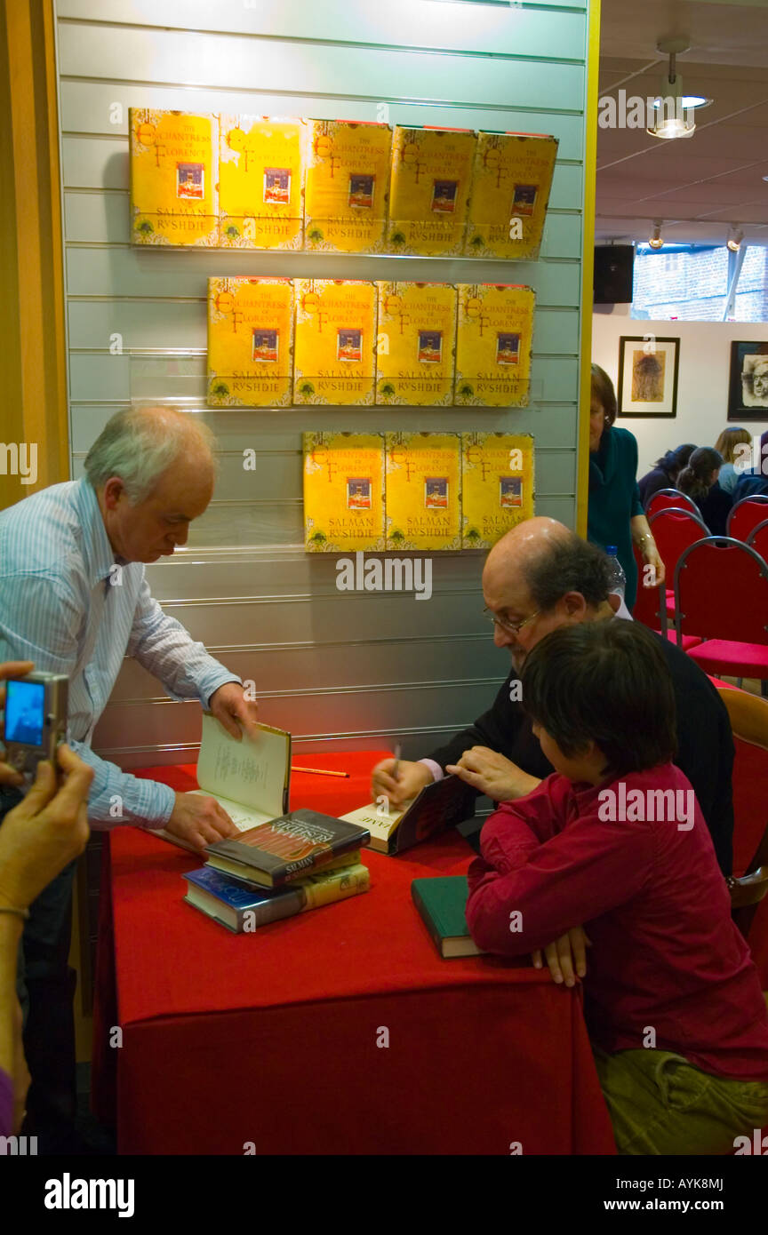Salman Rushdie signing books at Foyles bookshop London UK in March 2008 ...