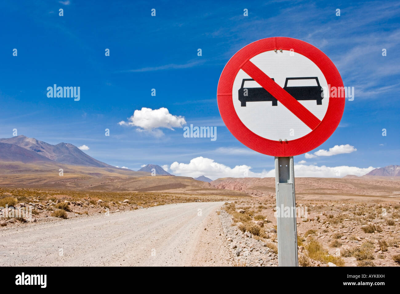 Road sign on high altitude desert road in the Atacama desert in Chile ...