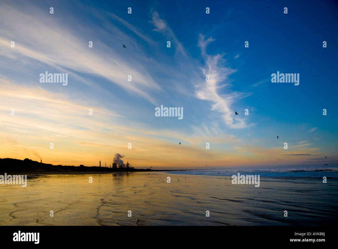 Coatham Beach and Corus Steelworks at winter sunset Redcar North East ...
