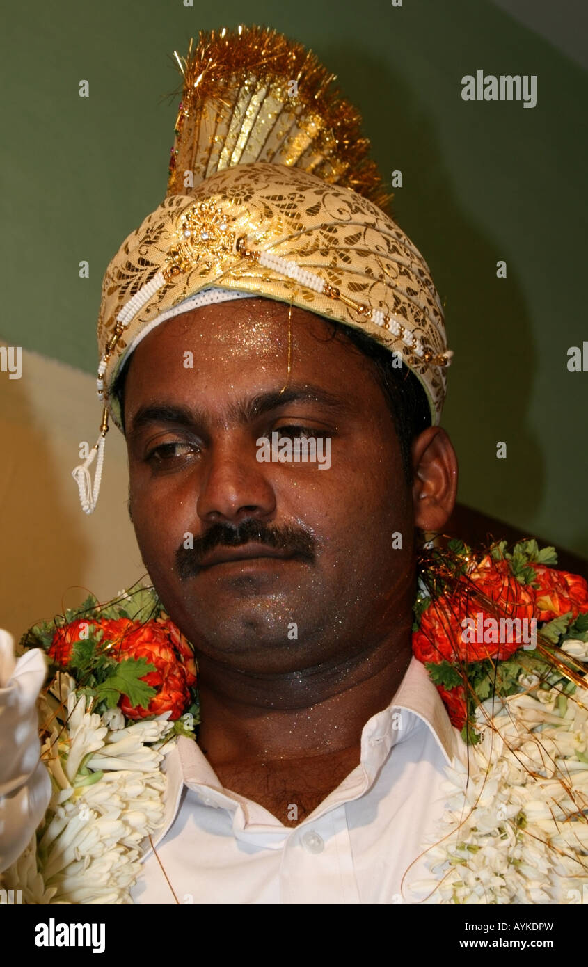 Portrait of Muslim groom dressed for his wedding , Tamil Nadu , India ...