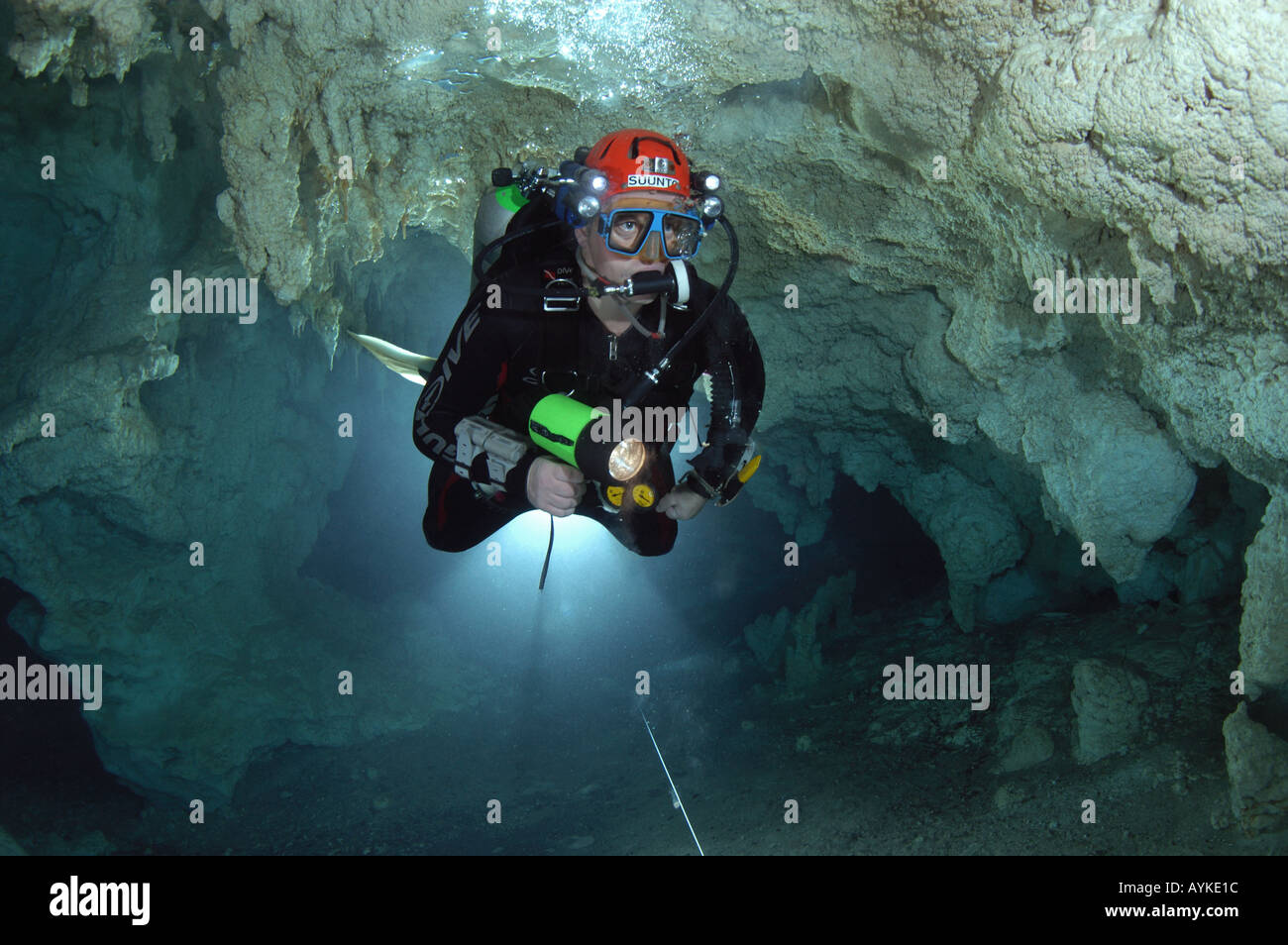 cave diver exploring flooded cenote cave system yucatan mexico Stock ...