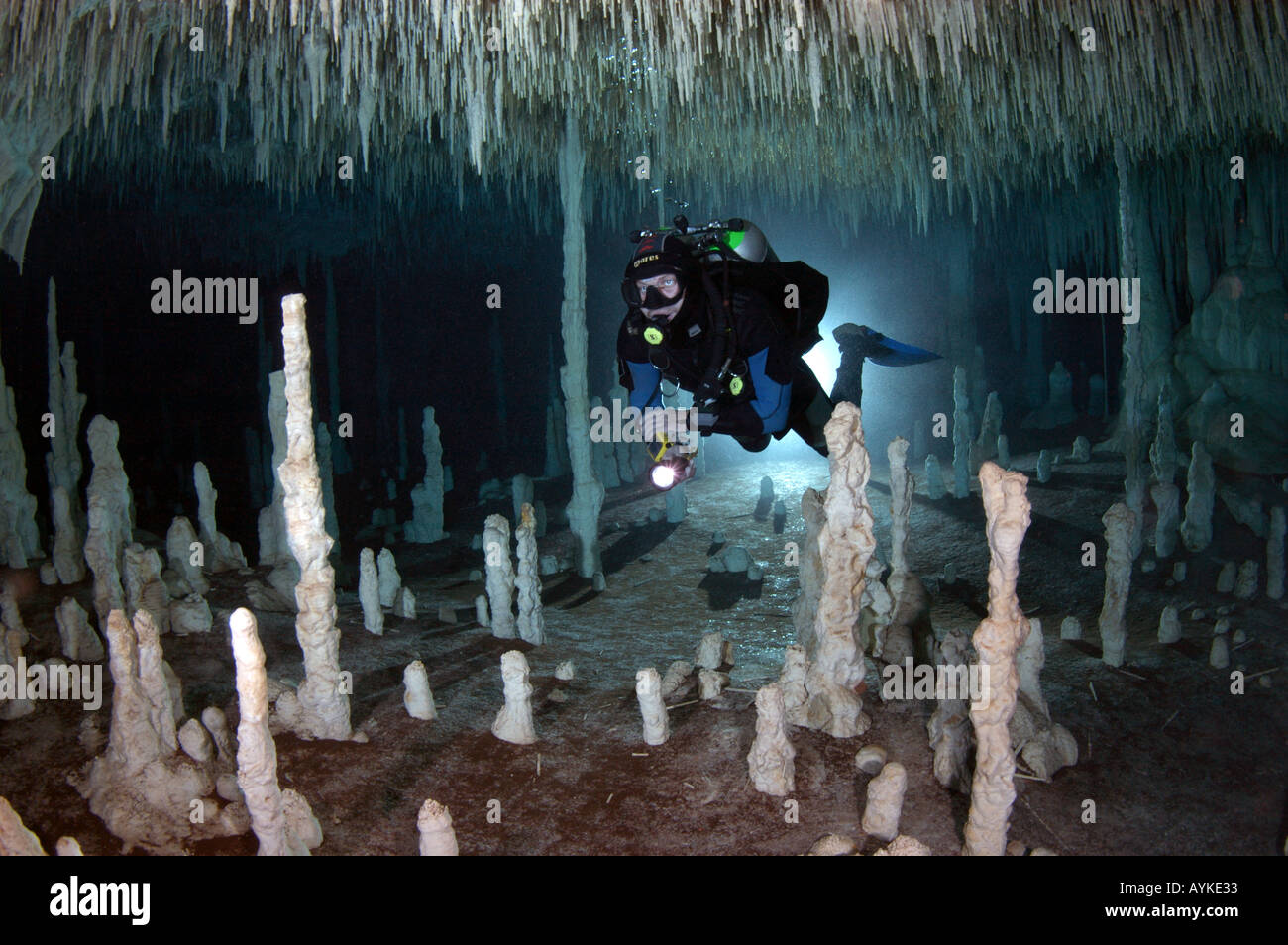 cave diver exploring flooded cenote cave system yucatan mexico Stock ...