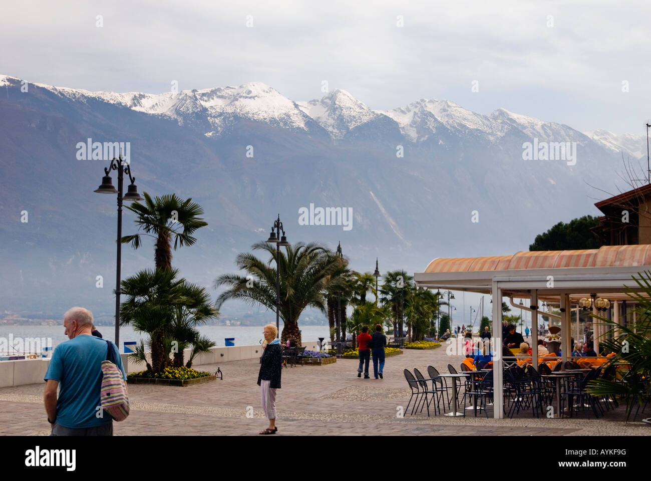 Limone on the shores of Lake Garda centre with tourist shops and cafes ...