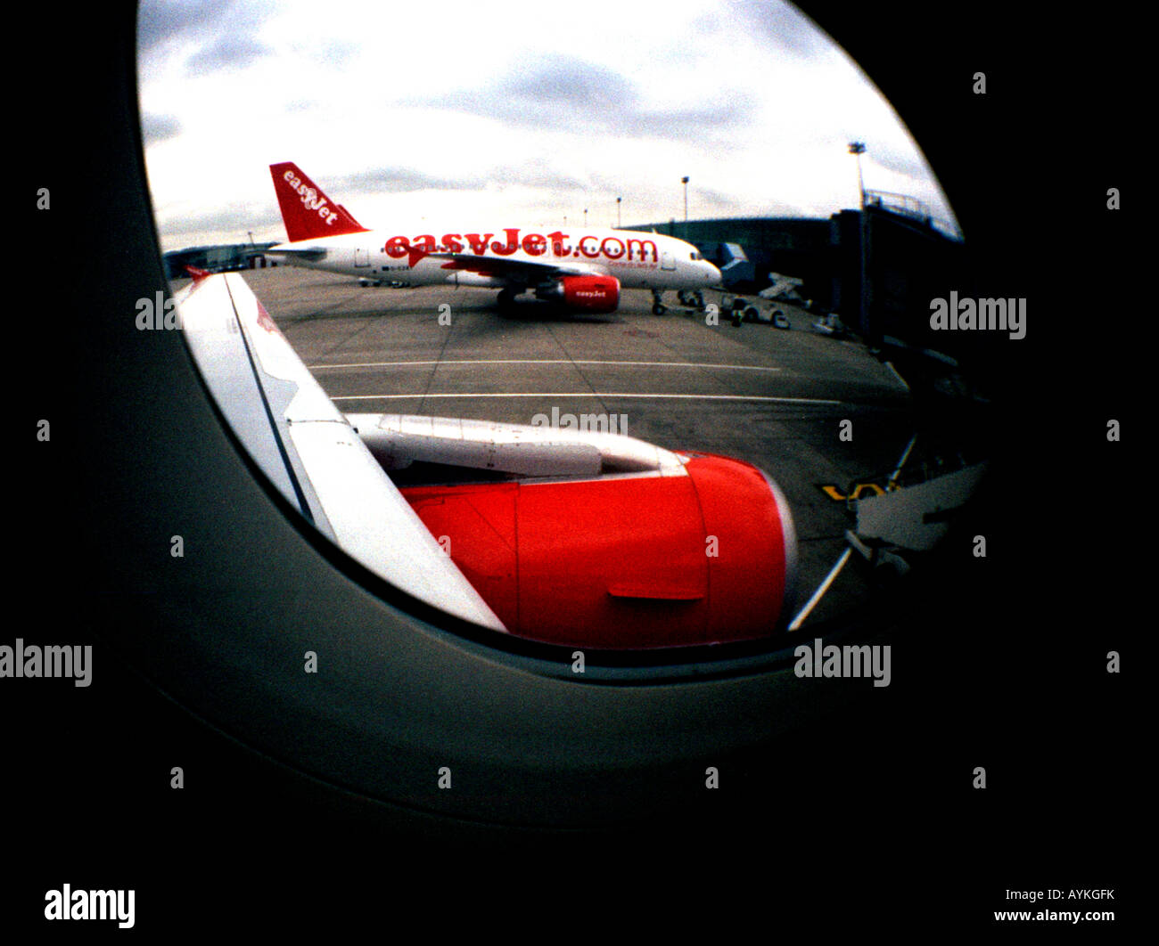 Fisheye view of EasyJet aircraft at terminal at Stanstead Airport ...