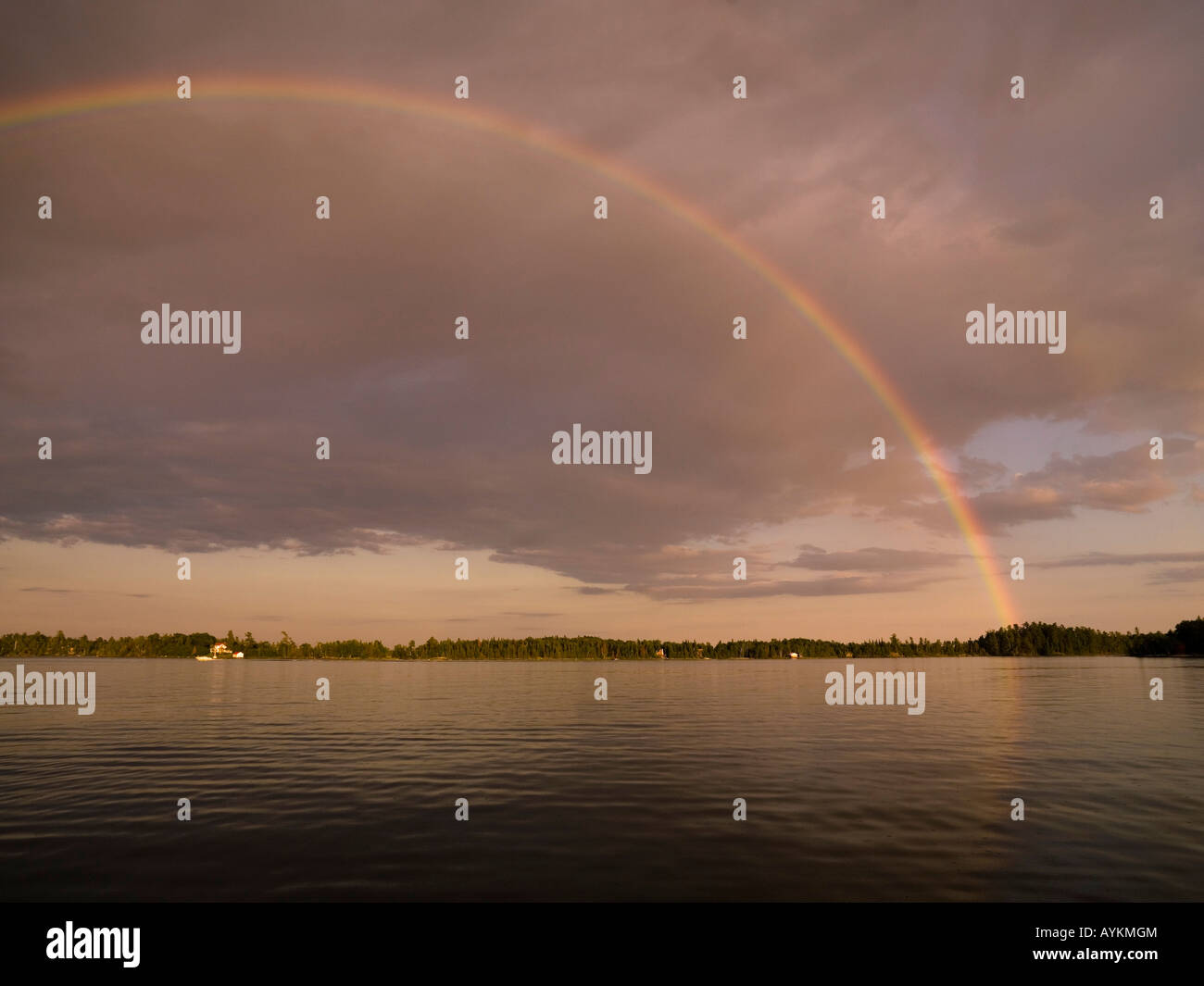 Lake of the woods, Ontario, Canada, Rainbow over the lake Stock Photo ...